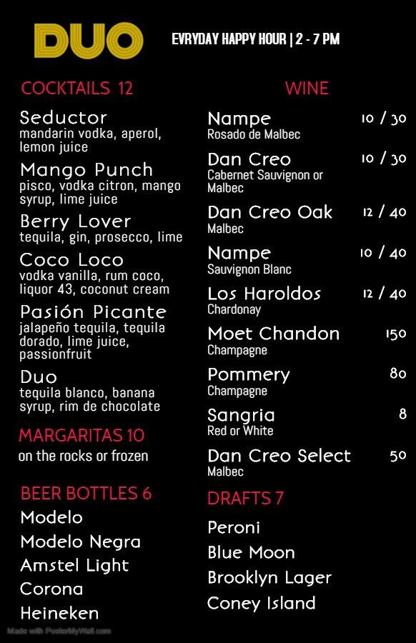 Menu at DUO Gastropub, New York City