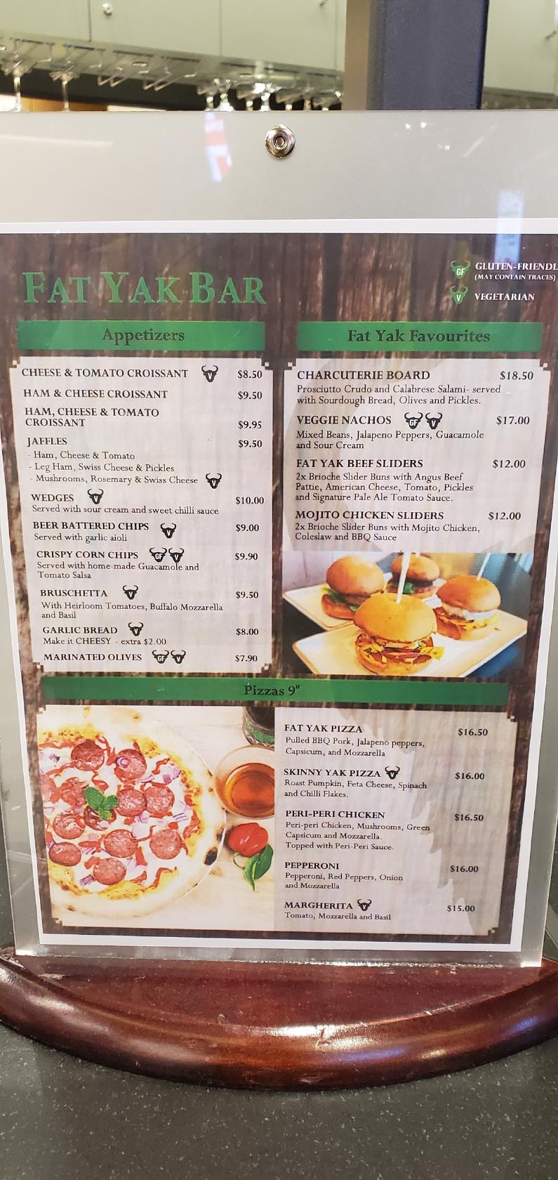 Menu at Fat Yak pub & bar, Mascot