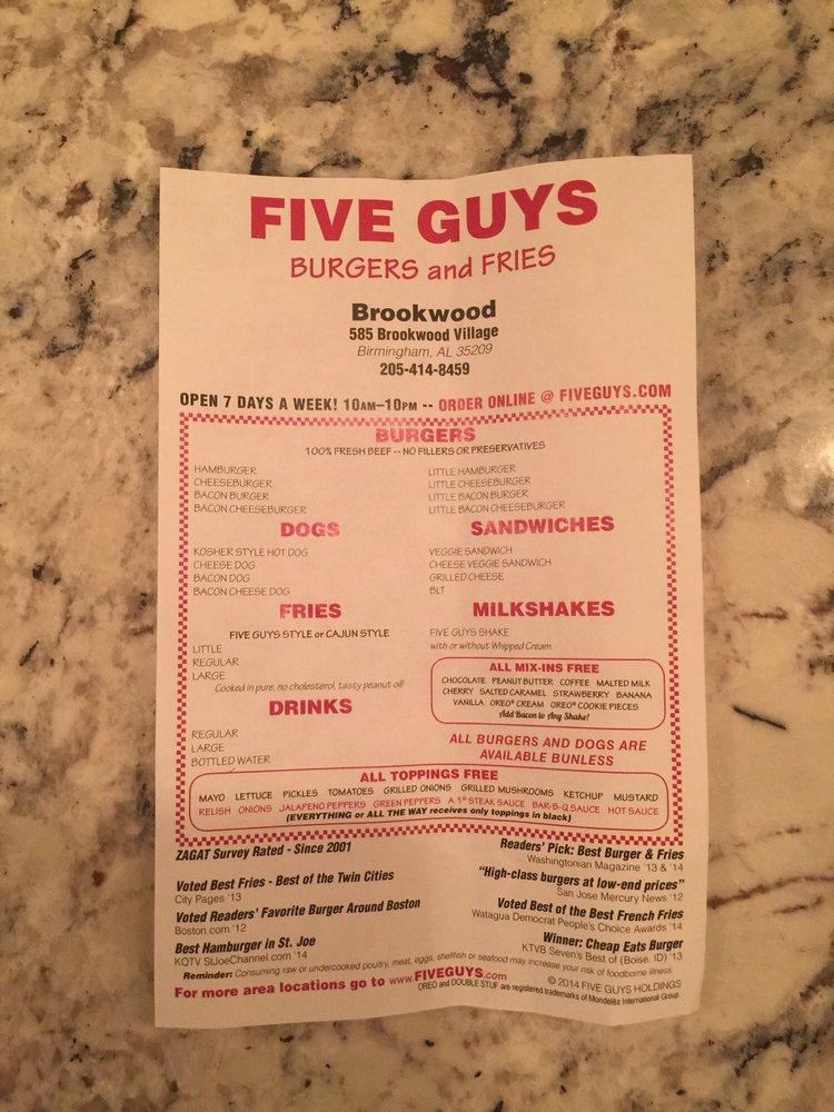 Menu at Five Guys fast food, Birmingham, 585 Brookwood Village