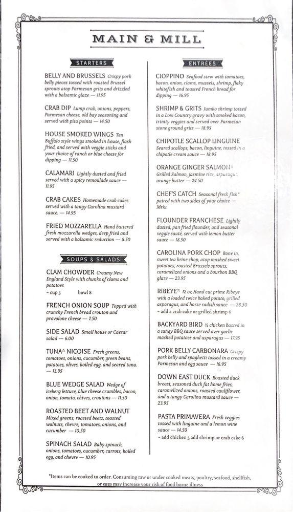 Menu at Main & Mill Oyster Bar & Tavern, Winterville