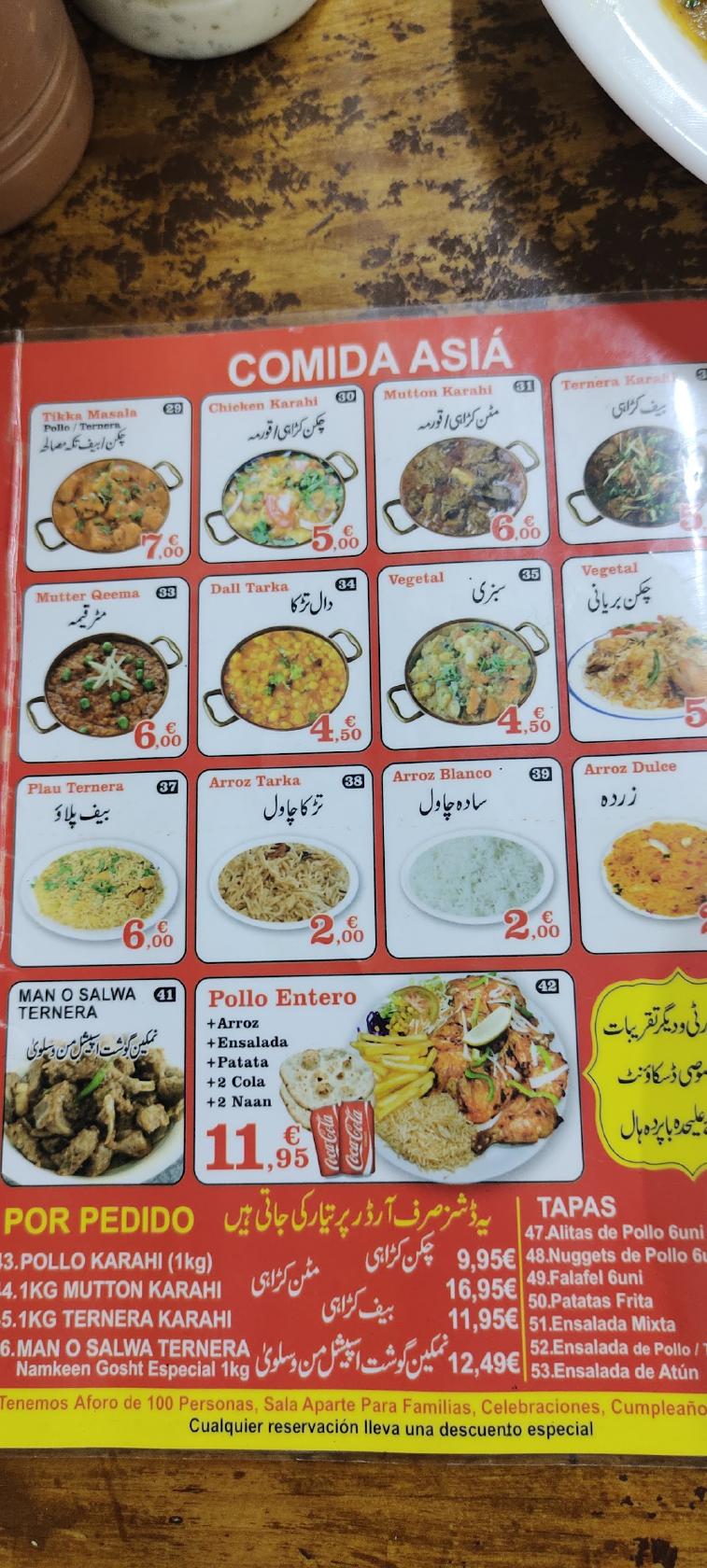 Carta del restaurante Man o salwa, Barcelona