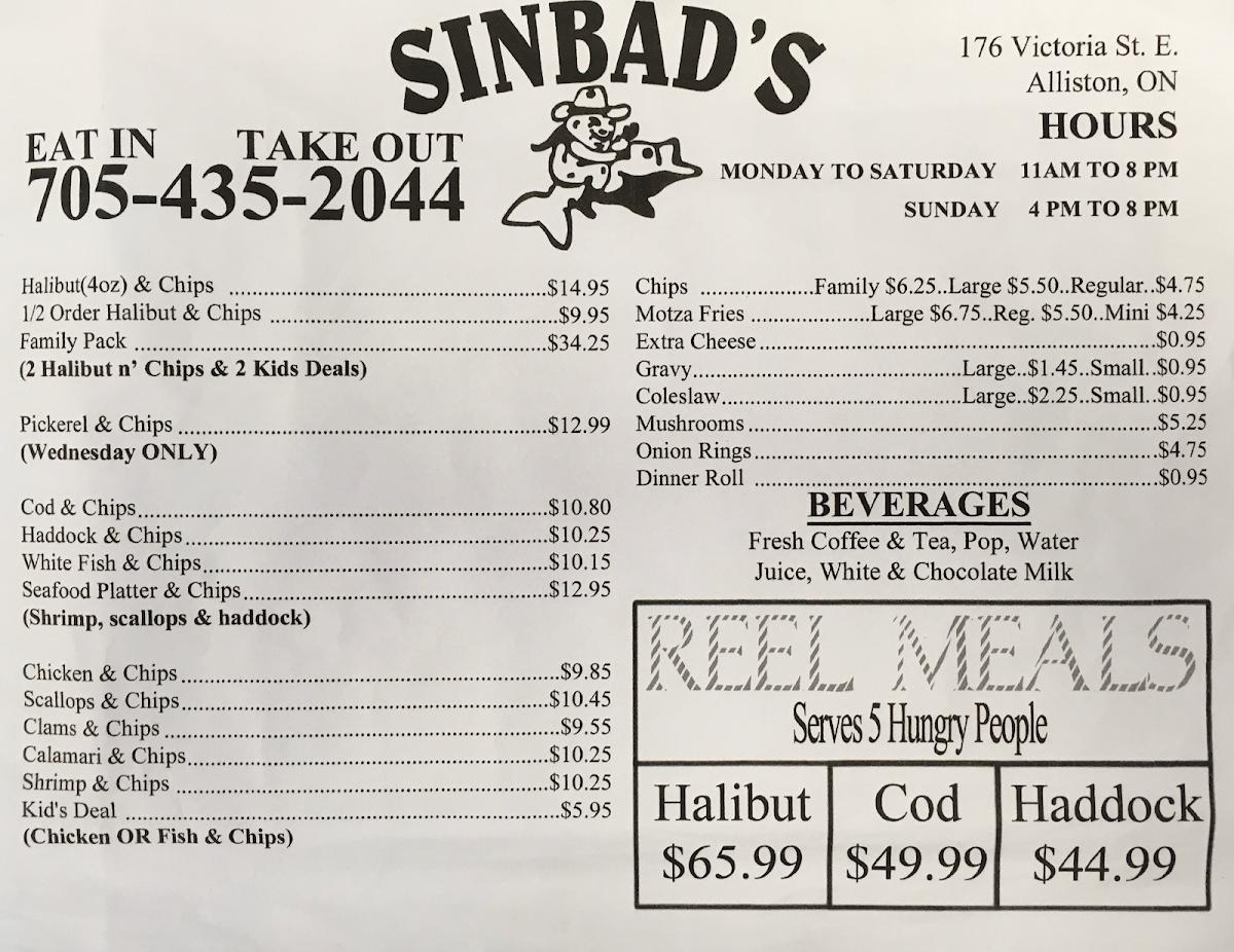 Menu at Sinbad's Fish & Chips restaurant, New Tecumseth, 176 Victoria St E