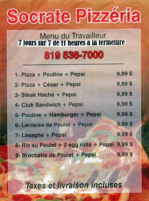 Menu at Socrate pizzeria, Shawinigan