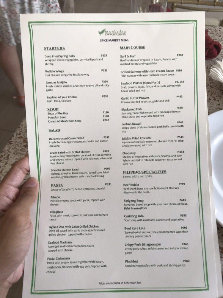 Menu at Spice Market - Misibis Bay Resort restaurant, Bacacay