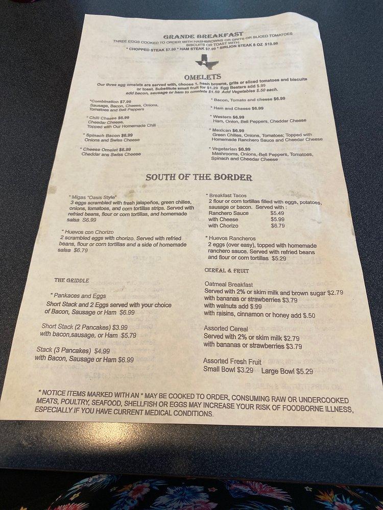 Carta de The Oasis Cafe Dallas, Dallas