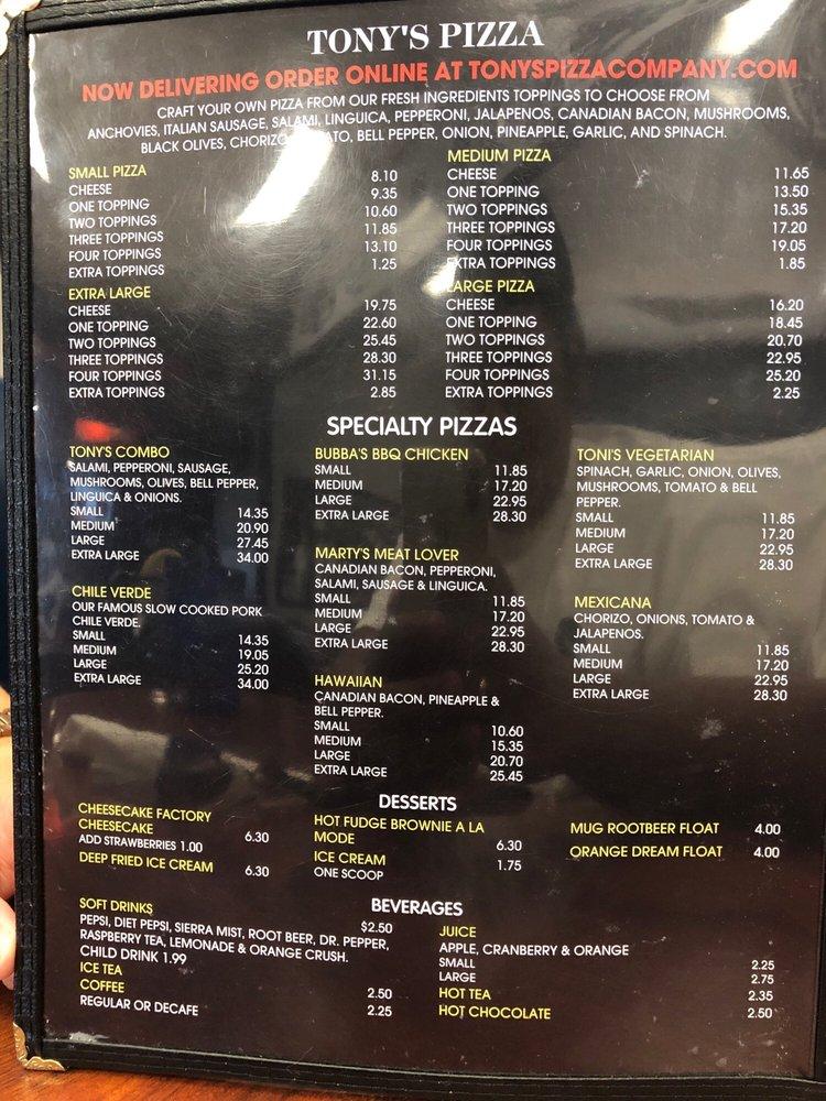 Menu at Tony's Firehouse Grill and Pizza pizzeria, Delano, 502 County ...