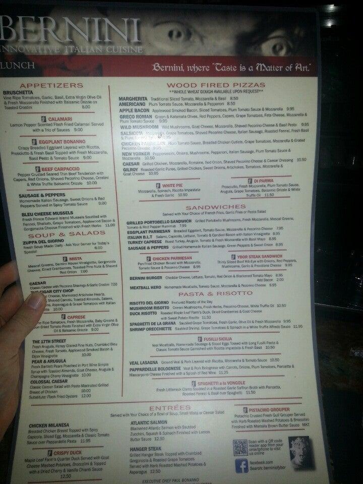 Menu at Bernini of Ybor pub & bar, Tampa