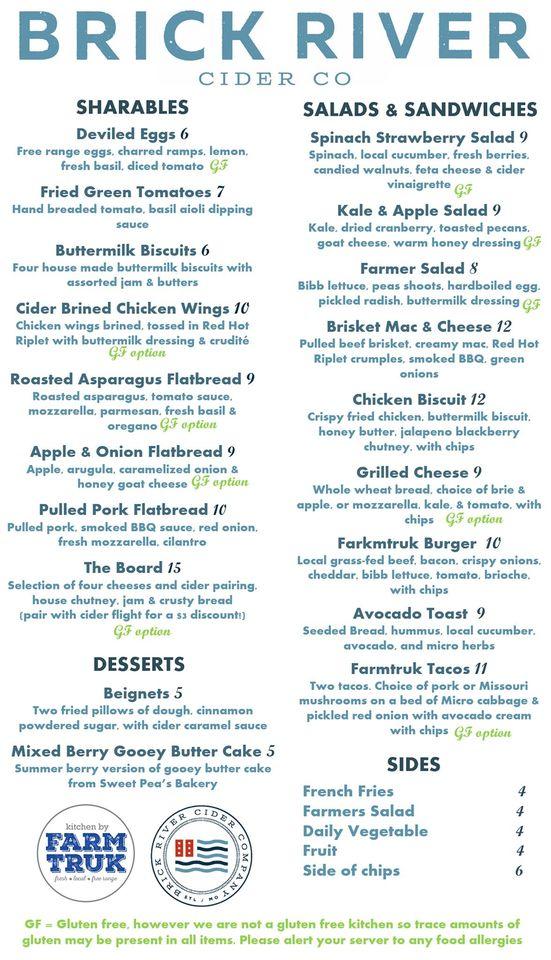 Menu at Brick River Cider pub & bar, St. Louis
