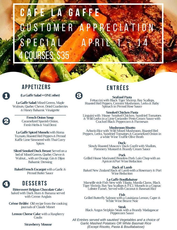 Menu at Cafe La Gaffe, Toronto