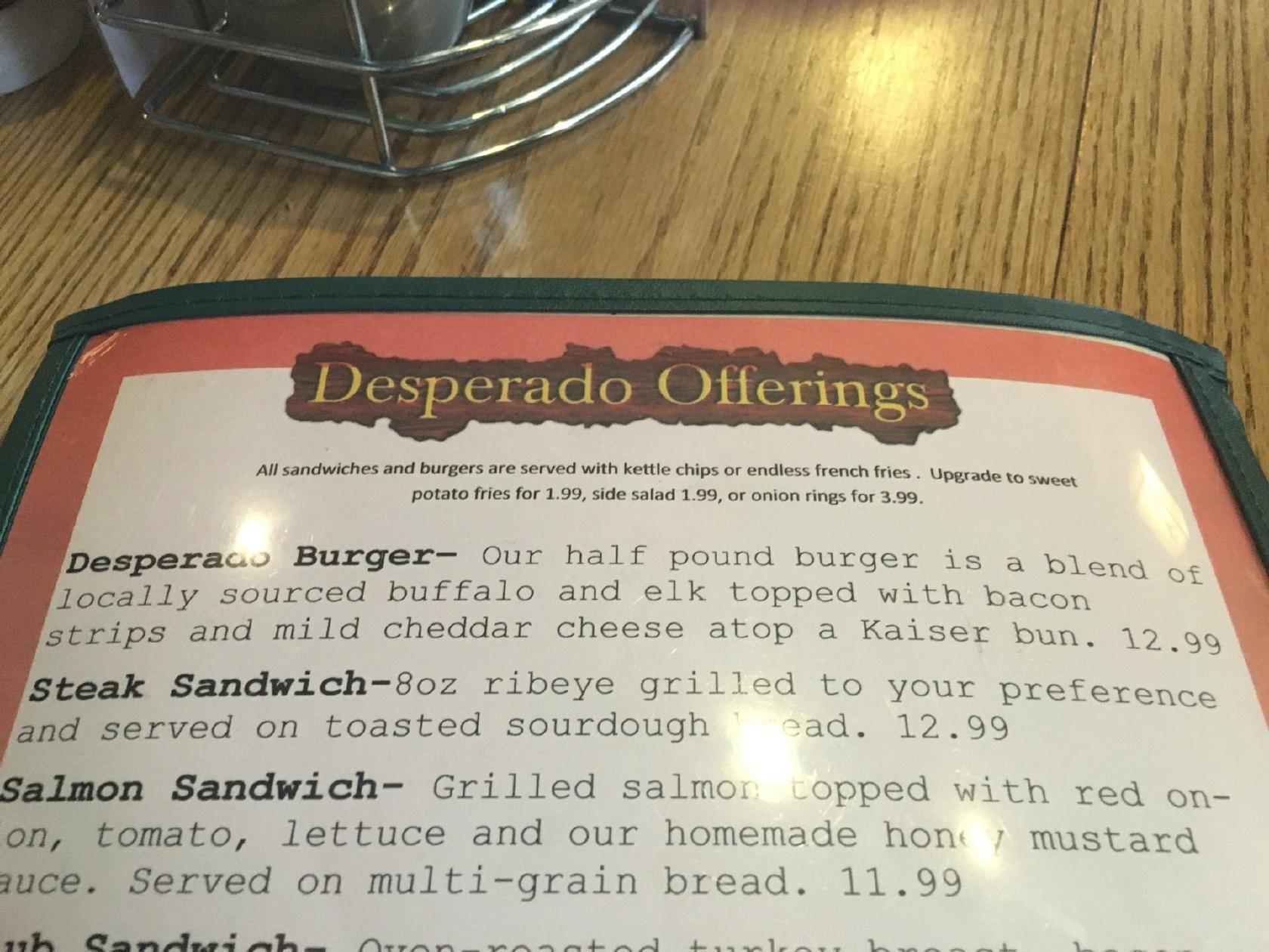 Menu at Desperados steakhouse, Hill City