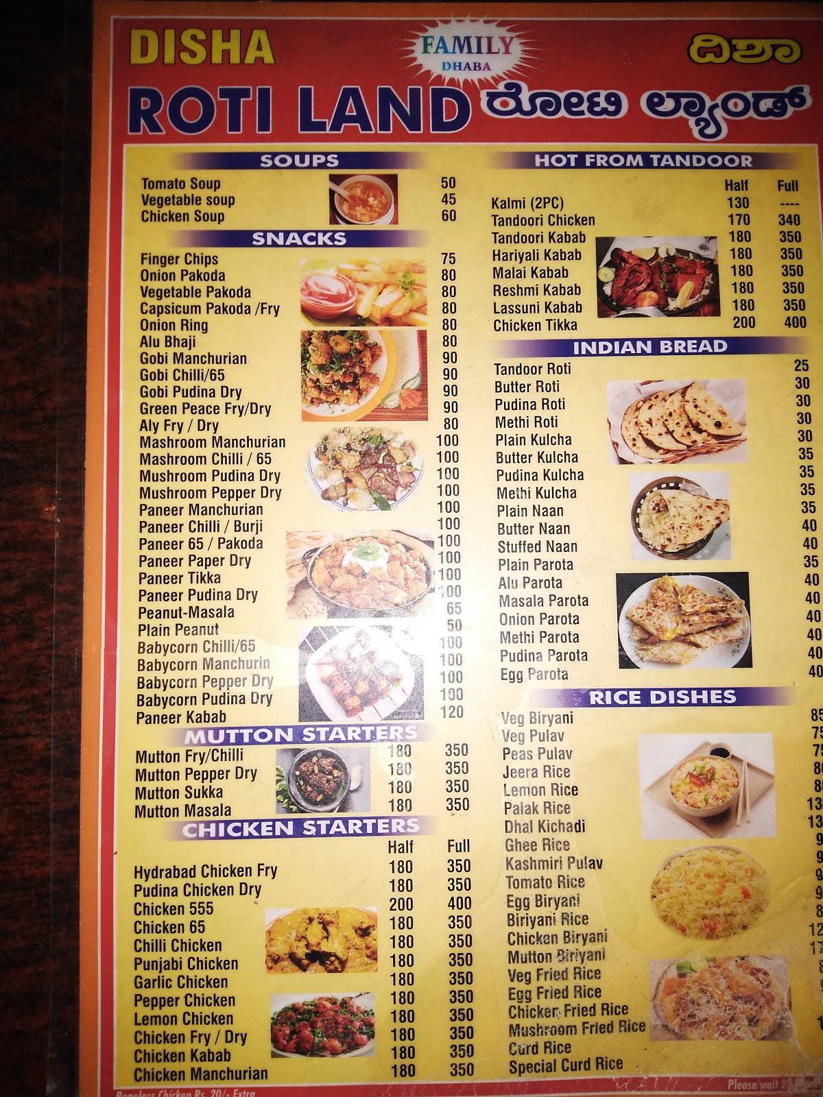 Menu at Disha Roti Land, Bengaluru