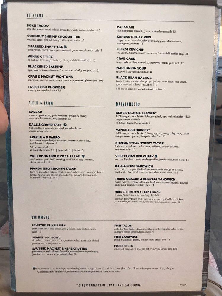 Menu at Duke's Malibu restaurant, Malibu