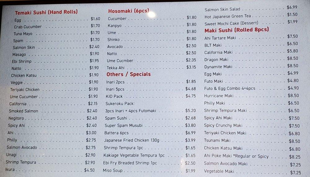 Menu at Kozo Sushi restaurant, Honolulu, S King St