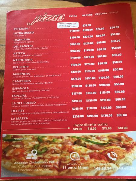 Menu at La Mazza Pizza restaurant, El Naranjito
