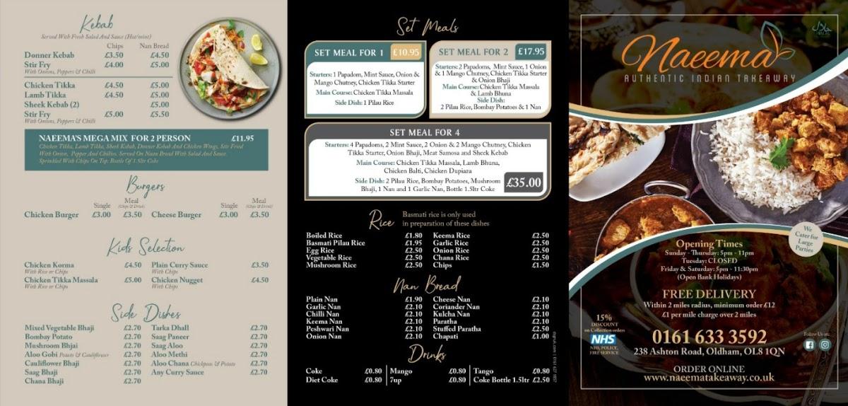 Menu at Naeema, Oldham