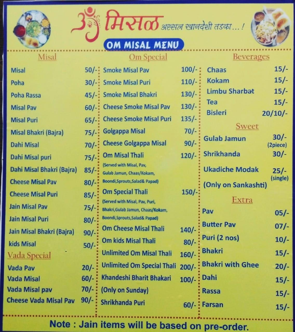 Menu at Om misal, Thane