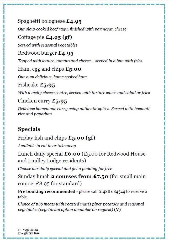 Menu at Redwood Restaurant, Hungerford