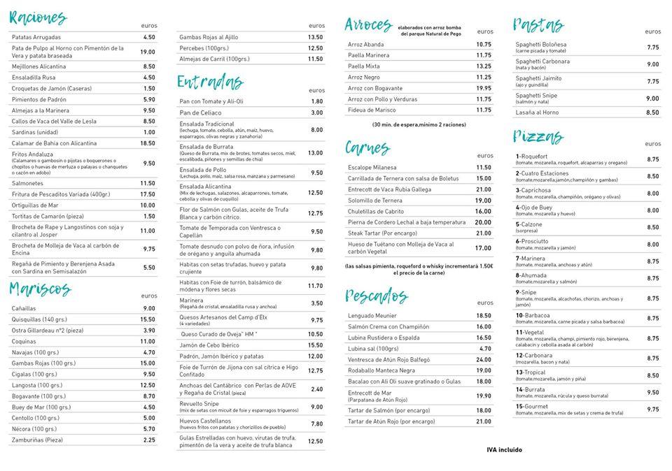 Carta del restaurante Snipe, Los Arenales del Sol