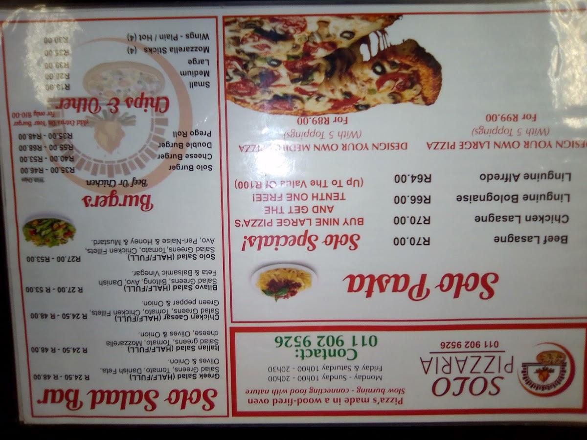 Menu at Solo Pizzaria restaurant, Germiston