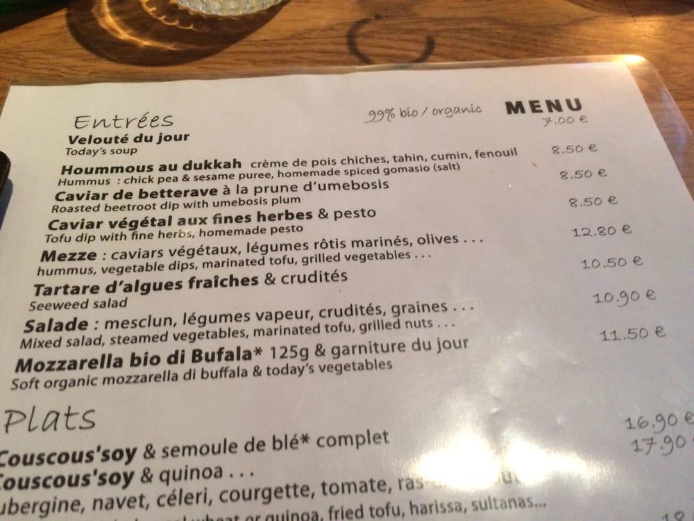 Menu at Soya restaurant, Paris