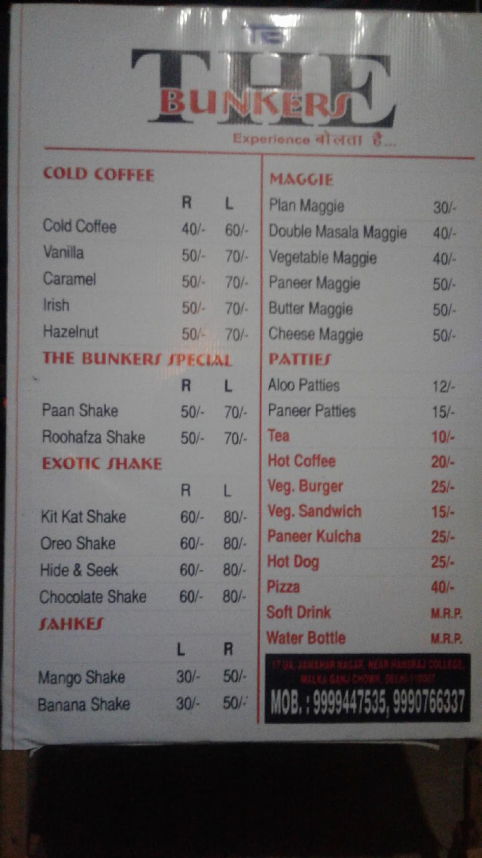 Menu at THE BUNKERS, Delhi