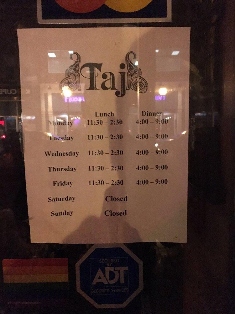 Menu at Taj Mahal restaurant, Moncton