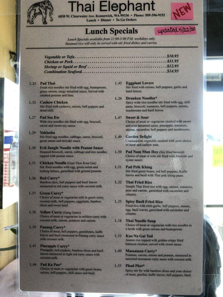 Menu at Thai Elephant restaurant, Kennewick