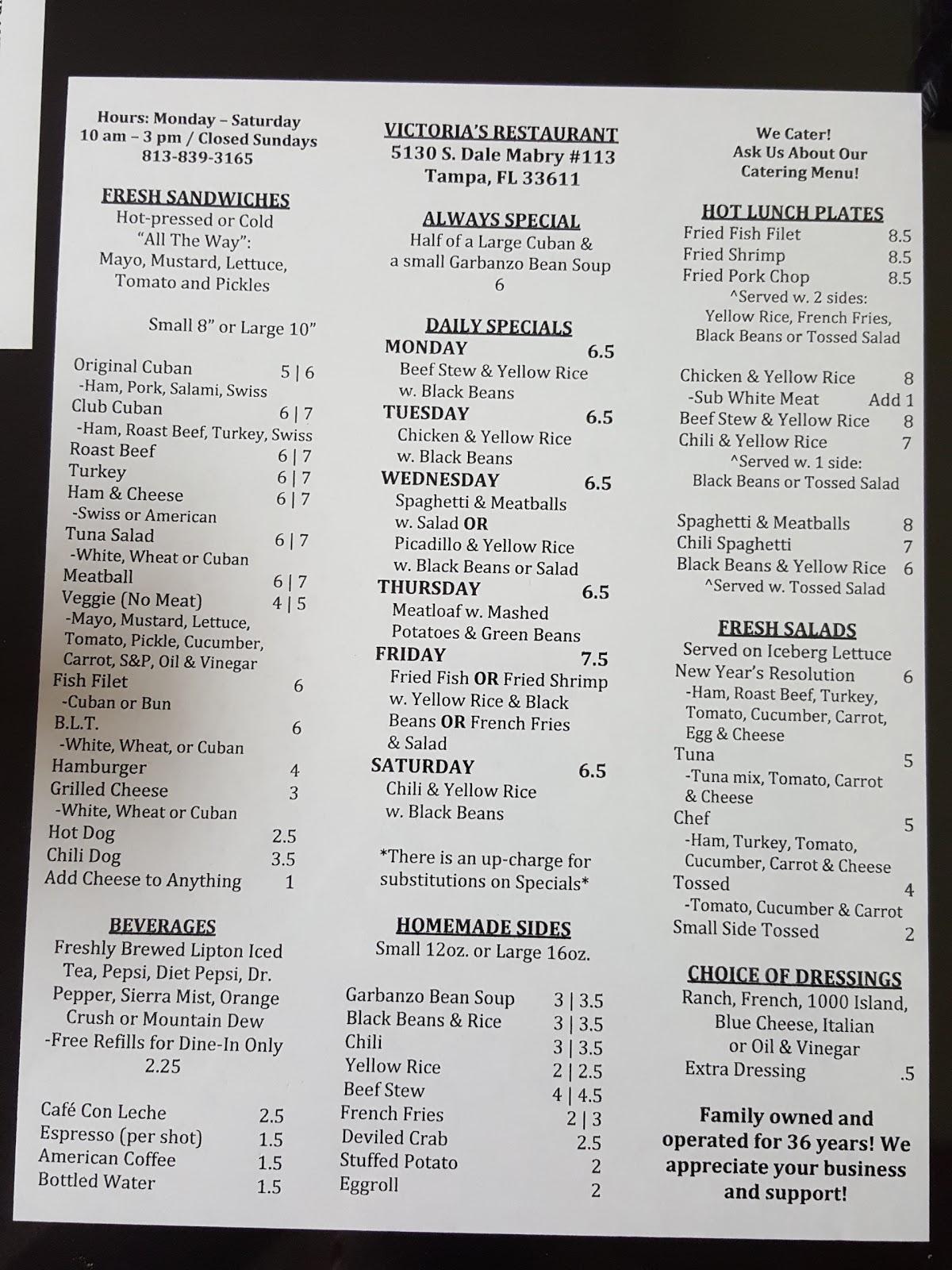 Menu at Victoria's Restaurant, Tampa