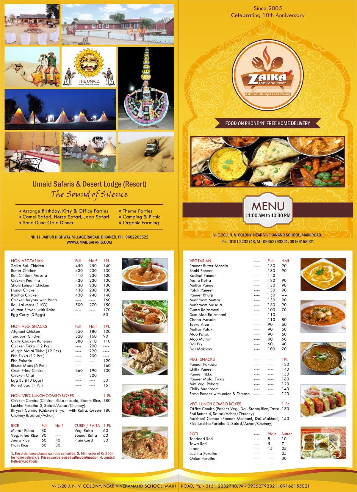 Menu at ZAIKA the food point, Bikaner, Sahkar Bhavan
