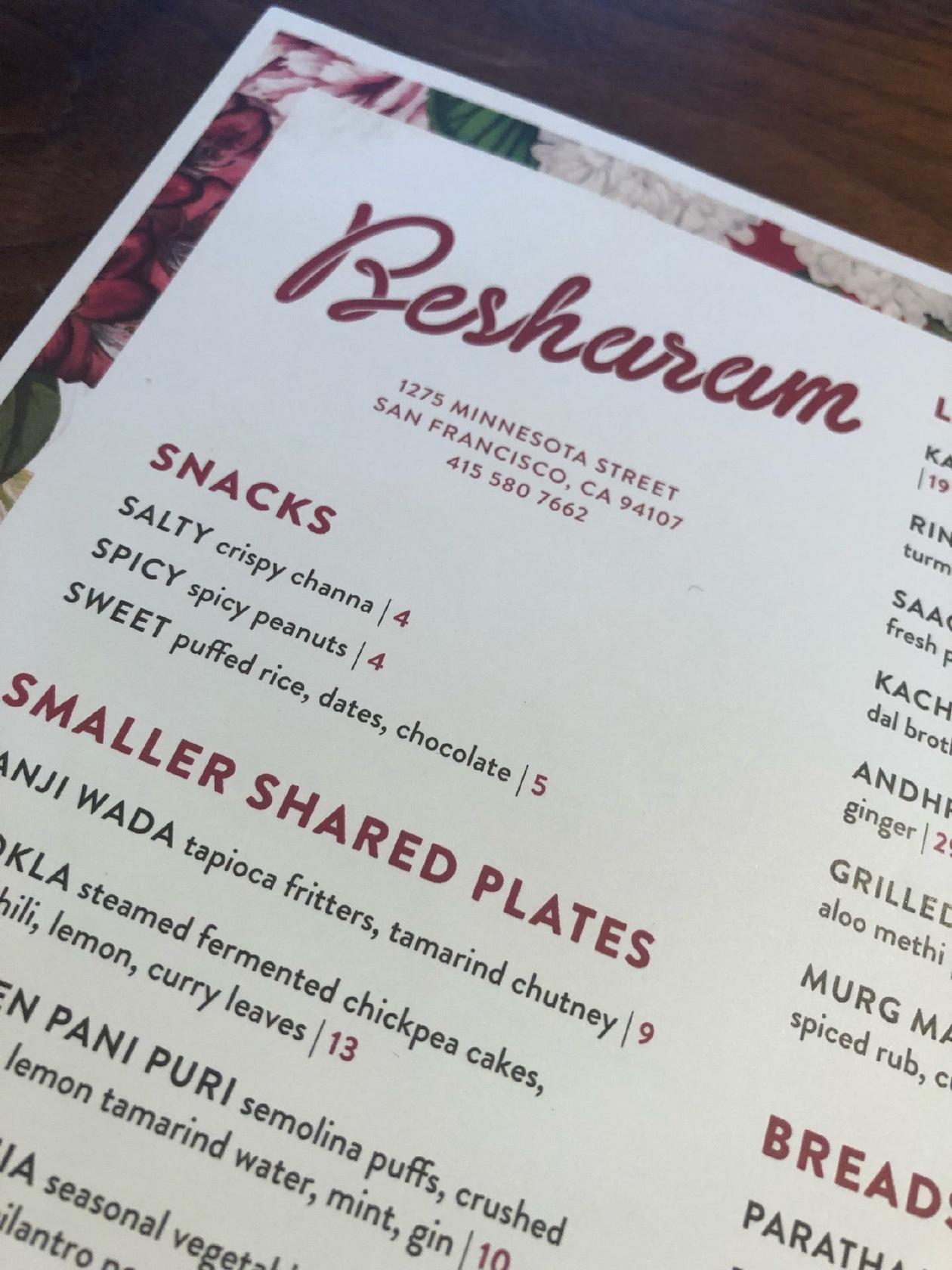 Menu at Besharam restaurant, San Francisco