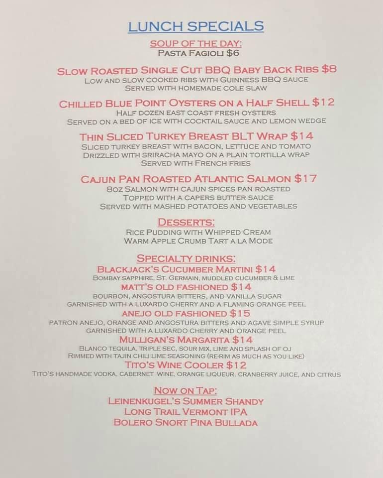 Menu at Blackjack Mulligan's Public House, Hawthorne