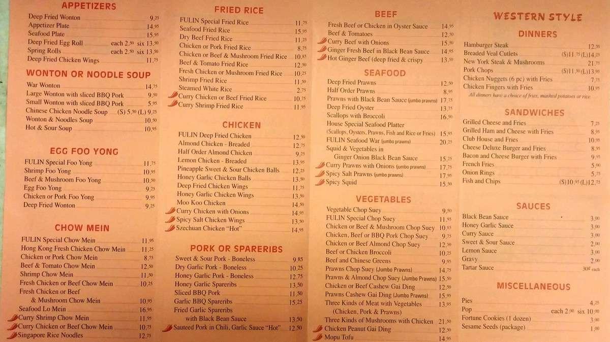 Menu at Fulin Restaurant, Quesnel