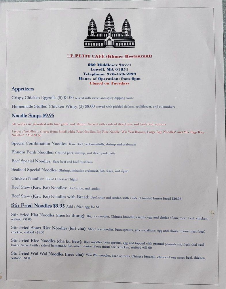 Menu at Le Petit Cafe, Lowell
