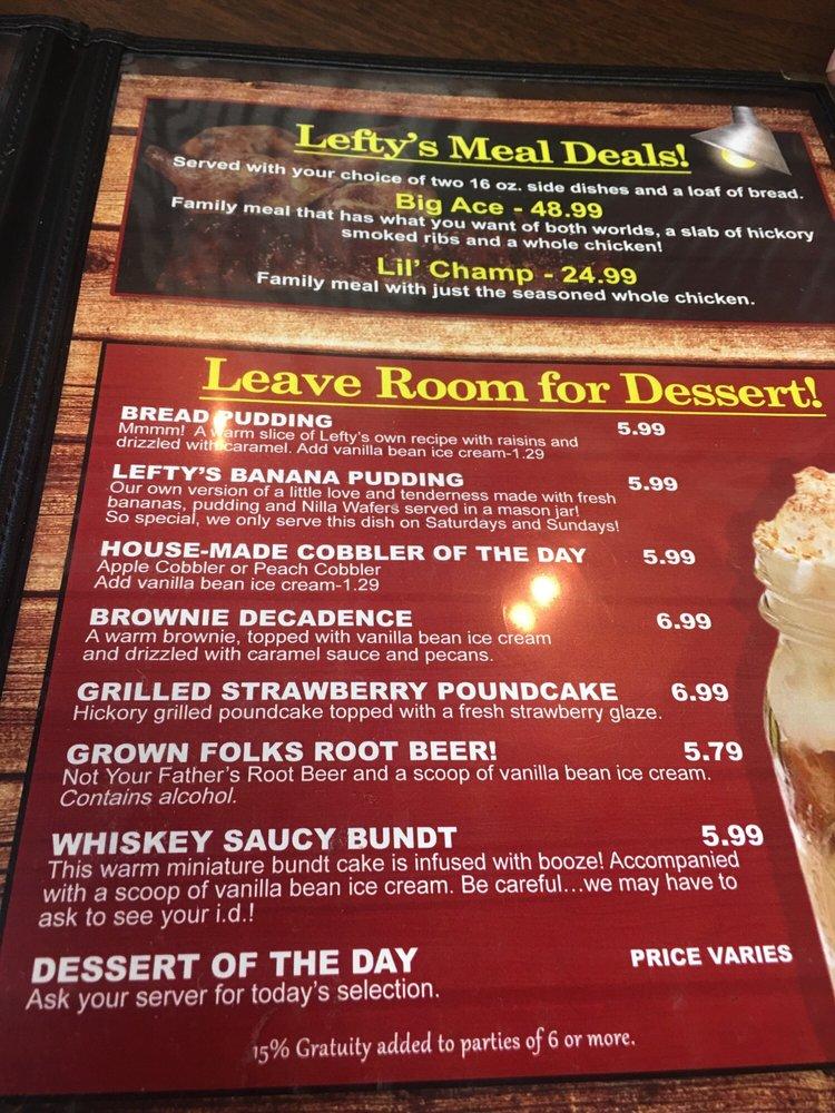 Menu at Lefty's Barbecue, Waldorf