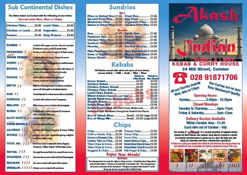 Menu at Akash Indian Takeaway restaurant, Newtownards
