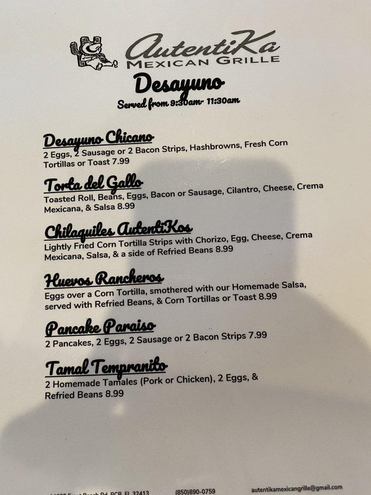 Menu at Autentika Mexican Grille restaurant, Panama City Beach