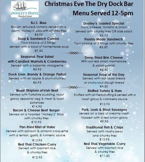 Menu at Dooley's Dry Dock Bar, Waterford