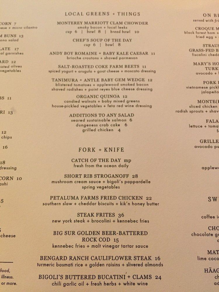 Menu at Fin + Field Restaurant and Bar, Monterey