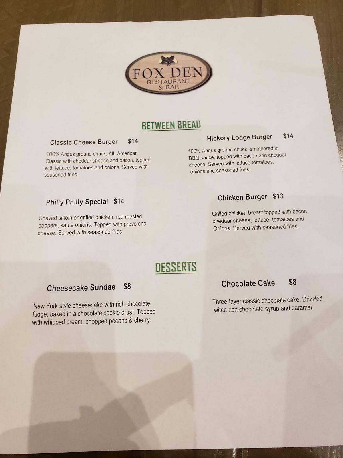 Menu at Fox Den pub & bar, Pigeon Forge
