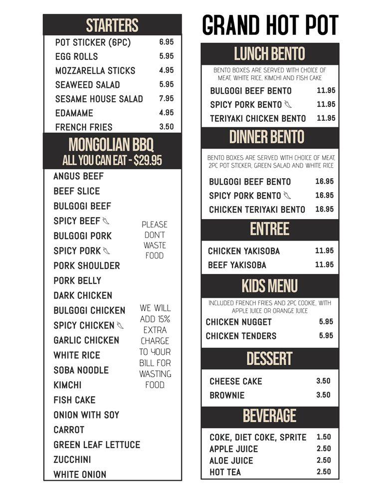 Menu at Grand Hot Pot restaurant, Park Ridge