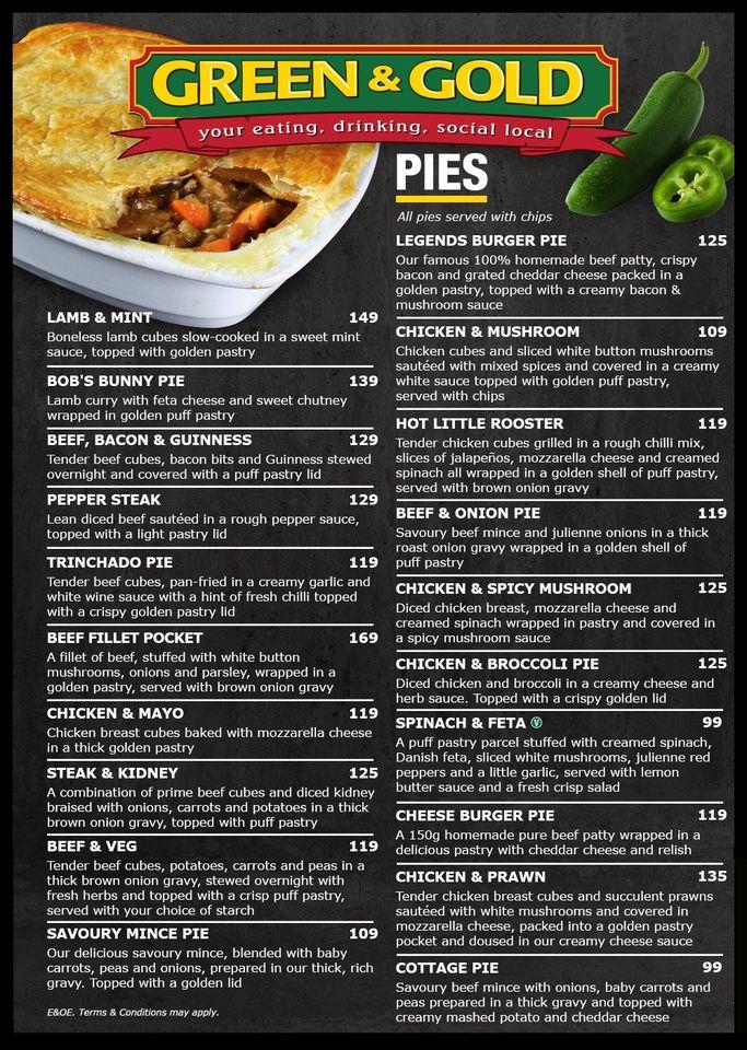 Menu at Green & Gold pub & bar, Roodepoort