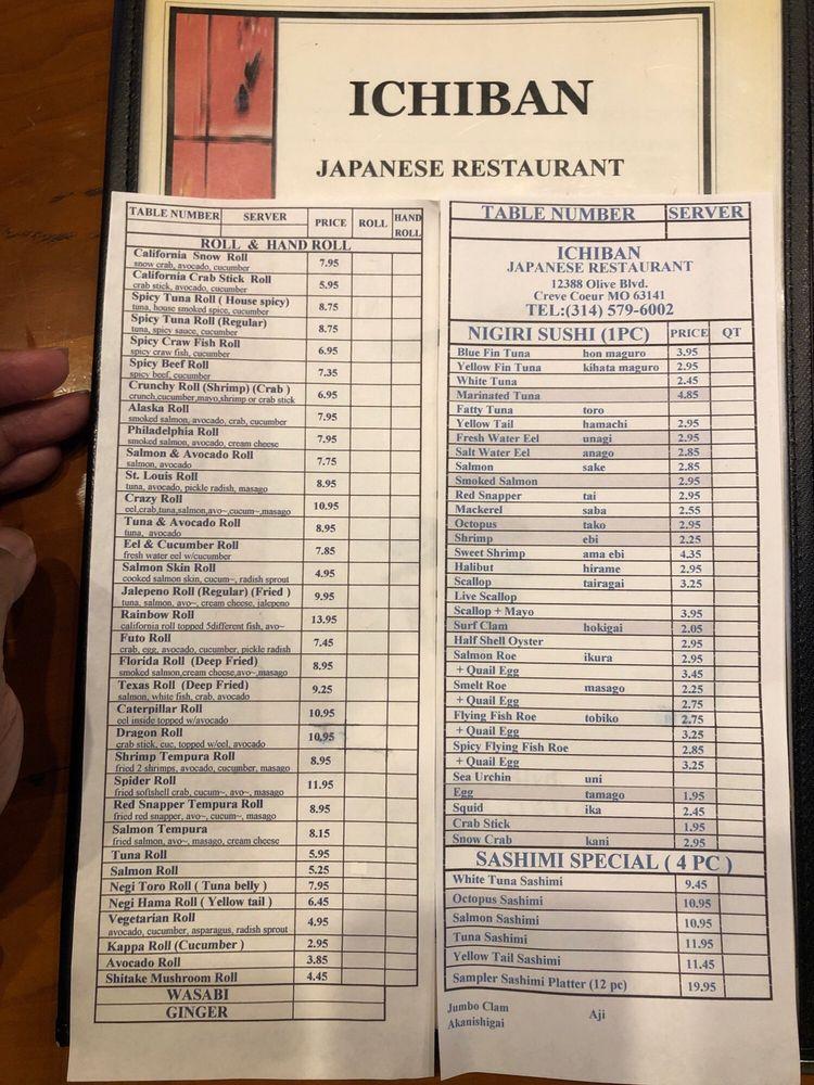 Menu at Ichiban Japanese Sushi Bar, Creve Coeur