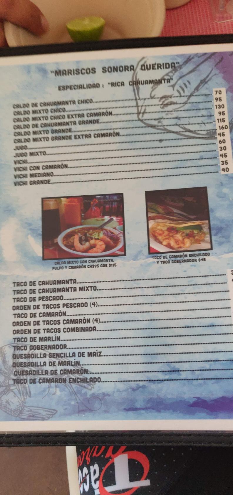 Menu at Mariscos Sonora Querida restaurant, Tecate, Av Revolución 251
