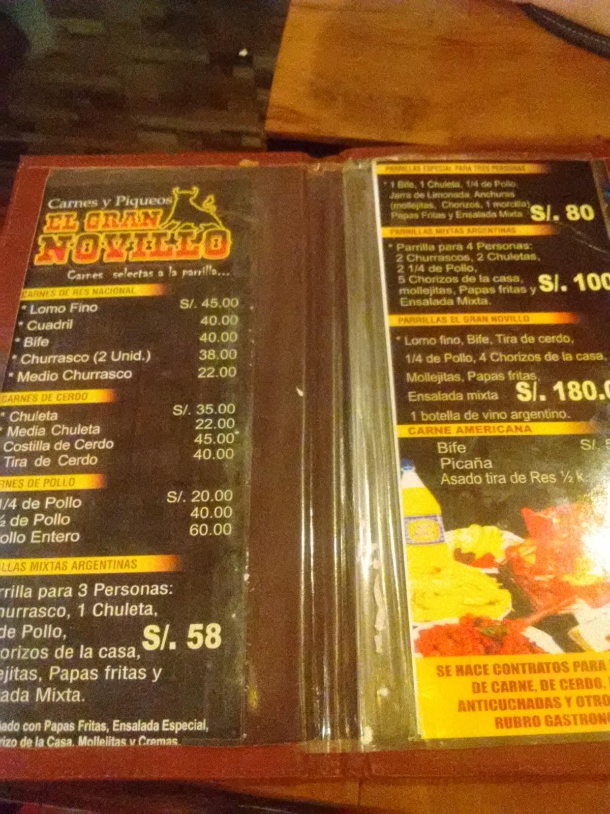 Menu at Parrilladas El Gran Novillo, Trujillo, Francisco Borja 187