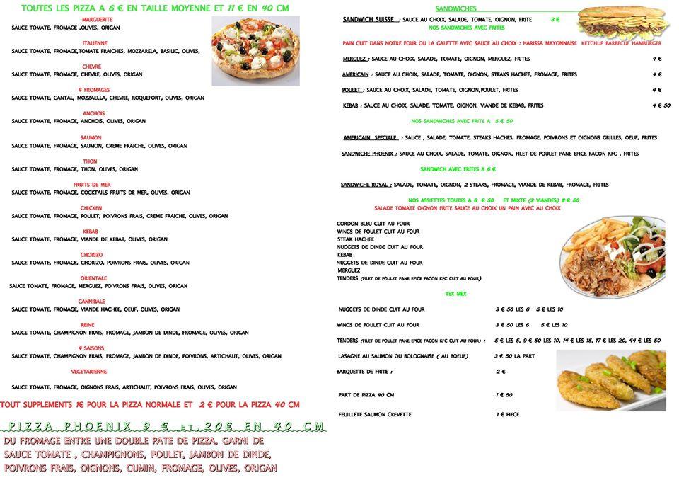 Menu at Pizzeria Phoenix, Vallauris