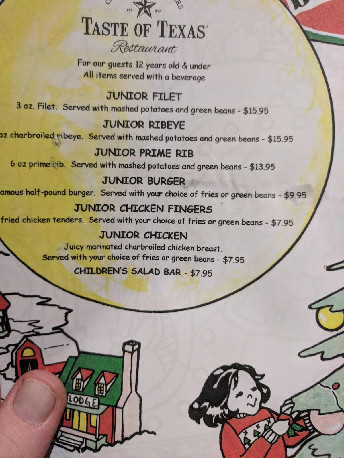 Menu at Taste of Texas pub & bar, Houston