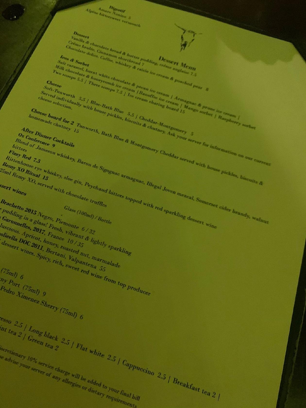 Menu at The Ox steakhouse, Bristol, The Basement