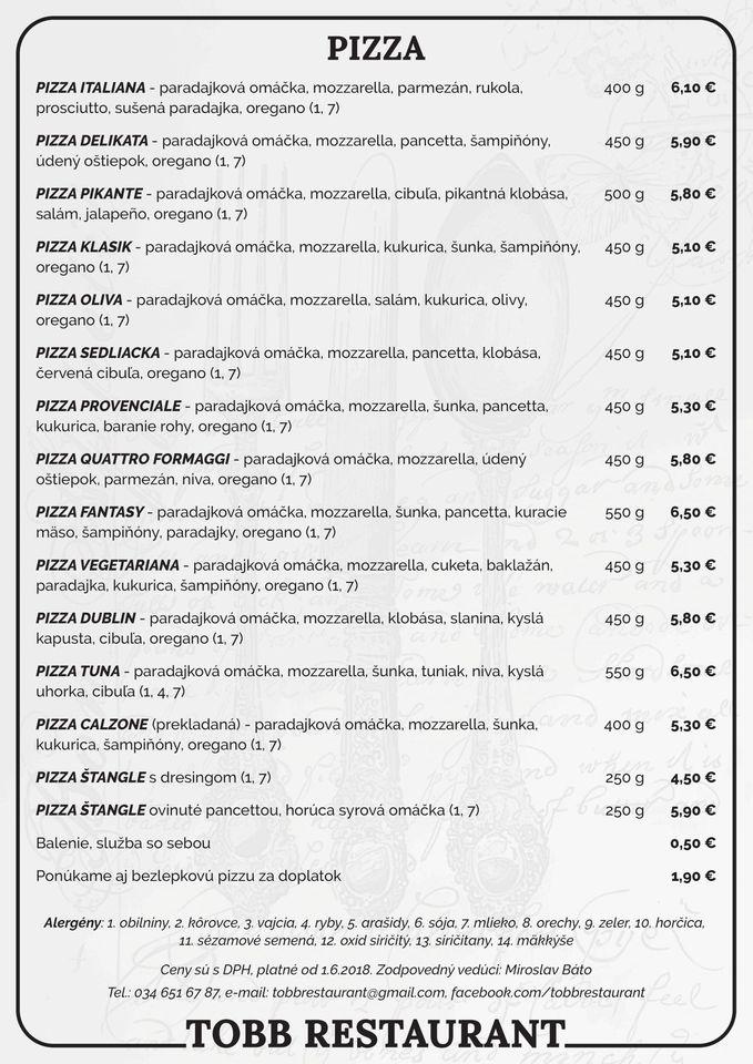 Menu at Tobb restaurant, Stará Myjava