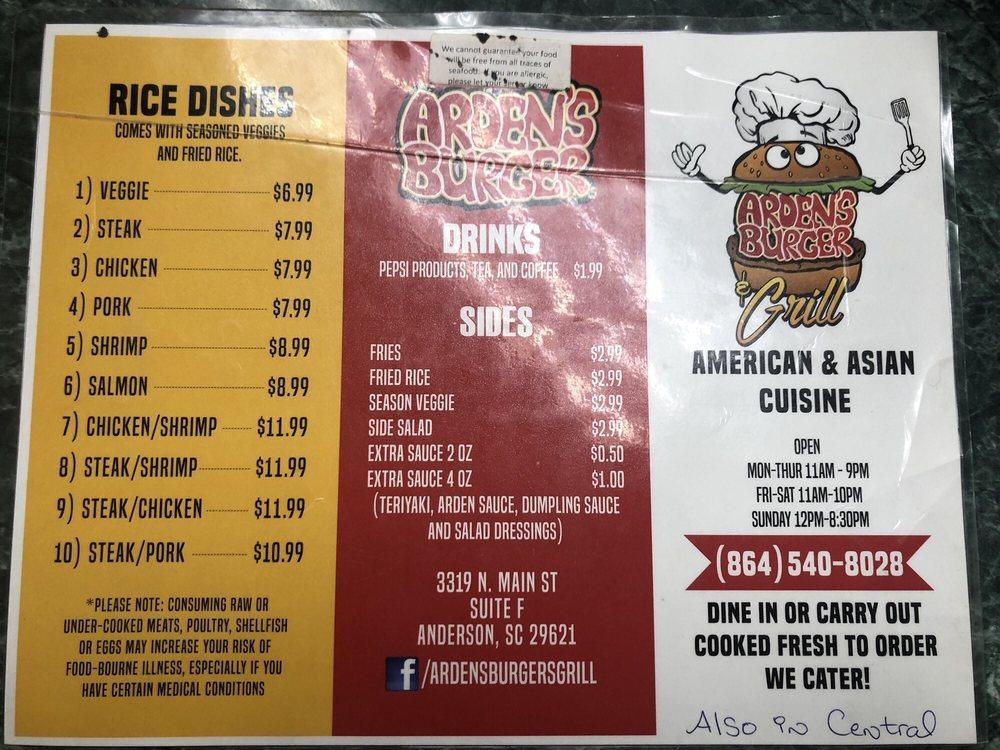 Menu at Arden's Burger & Grill restaurant, Anderson
