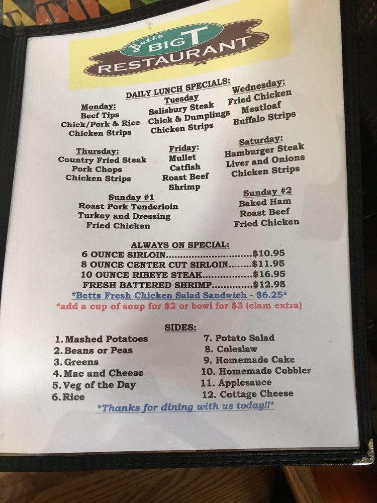 Menu at Bett's Big T Restaurant, Chiefland